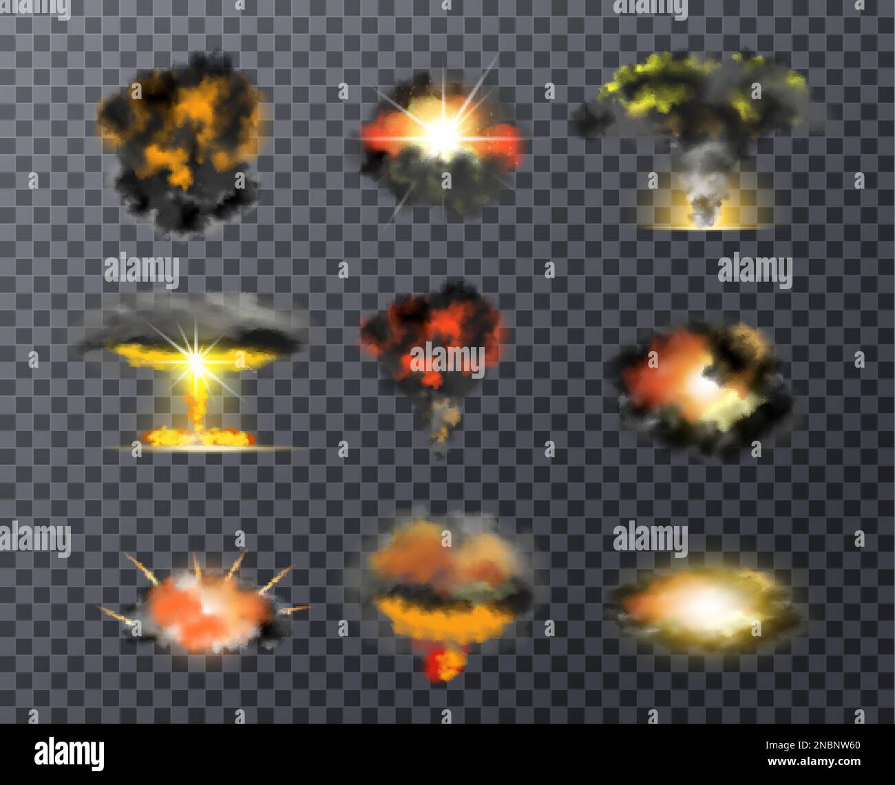 Realistic color bomb explosions of different shapes isolated on ...