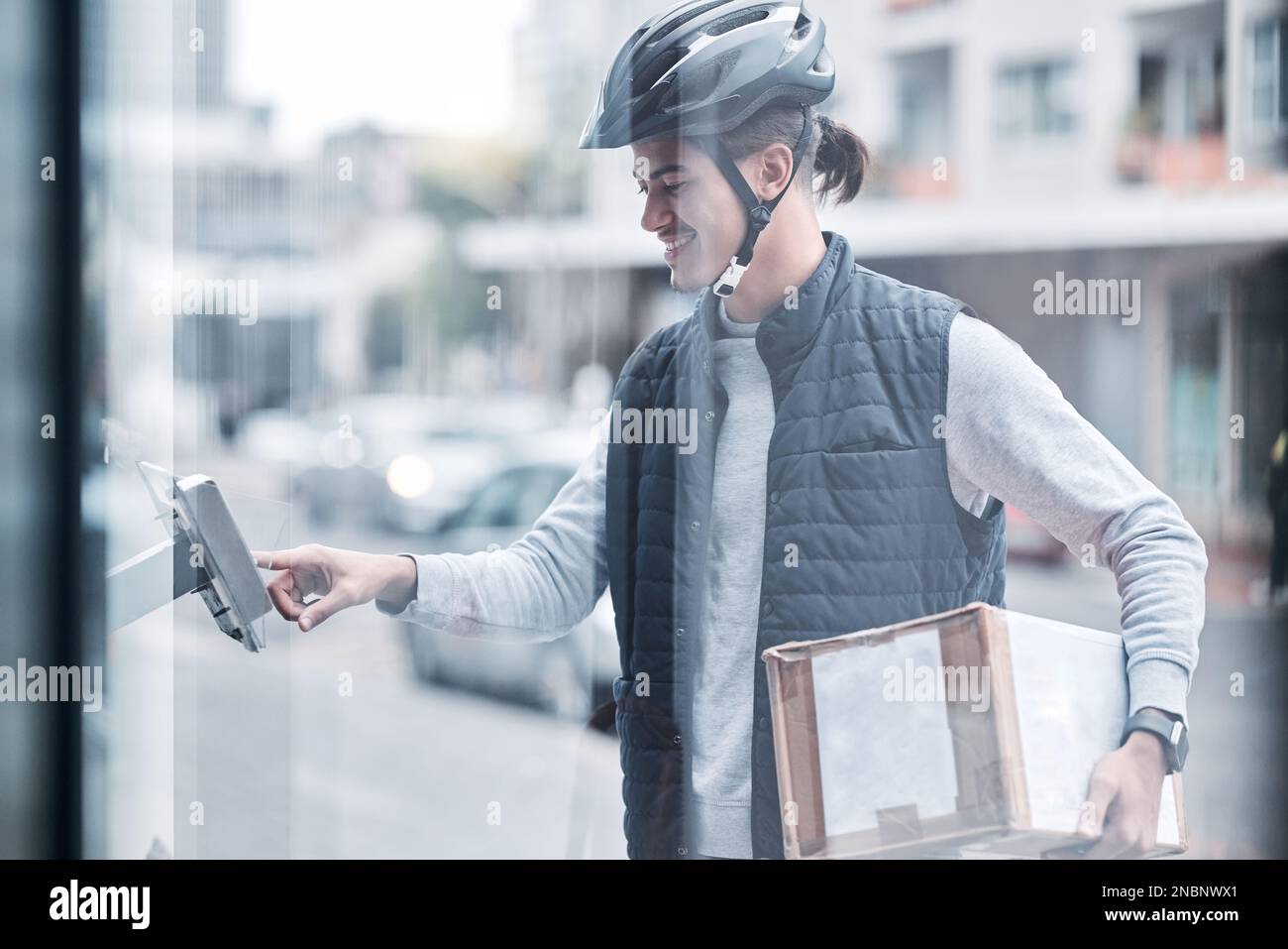 Press intercom, courier box or delivery man with retail sales product ...