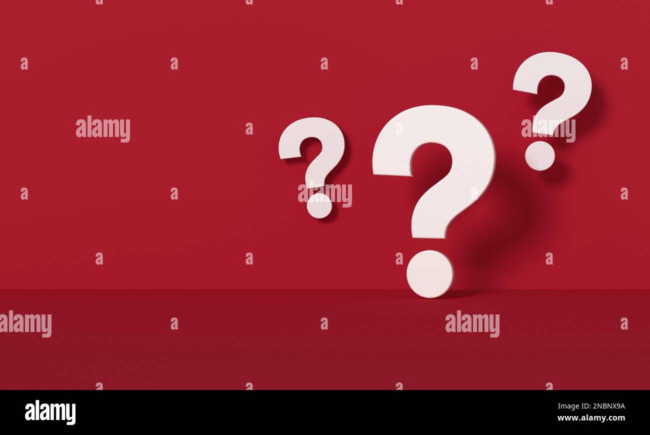 Three white question marks in front of a red wall background. 3D ...