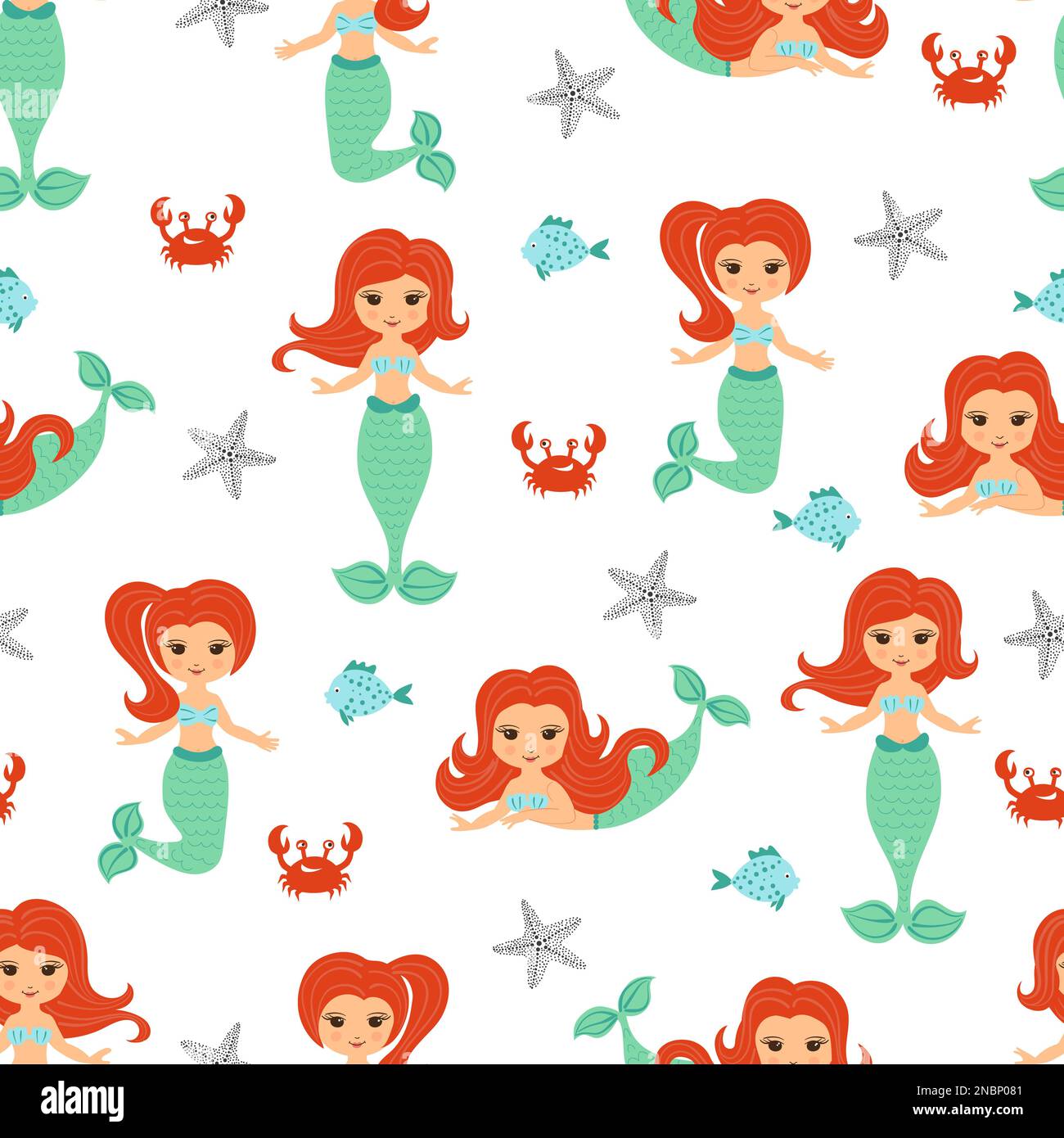 Cute cartoon little mermaid girls seamless pattern on white. Vector ...