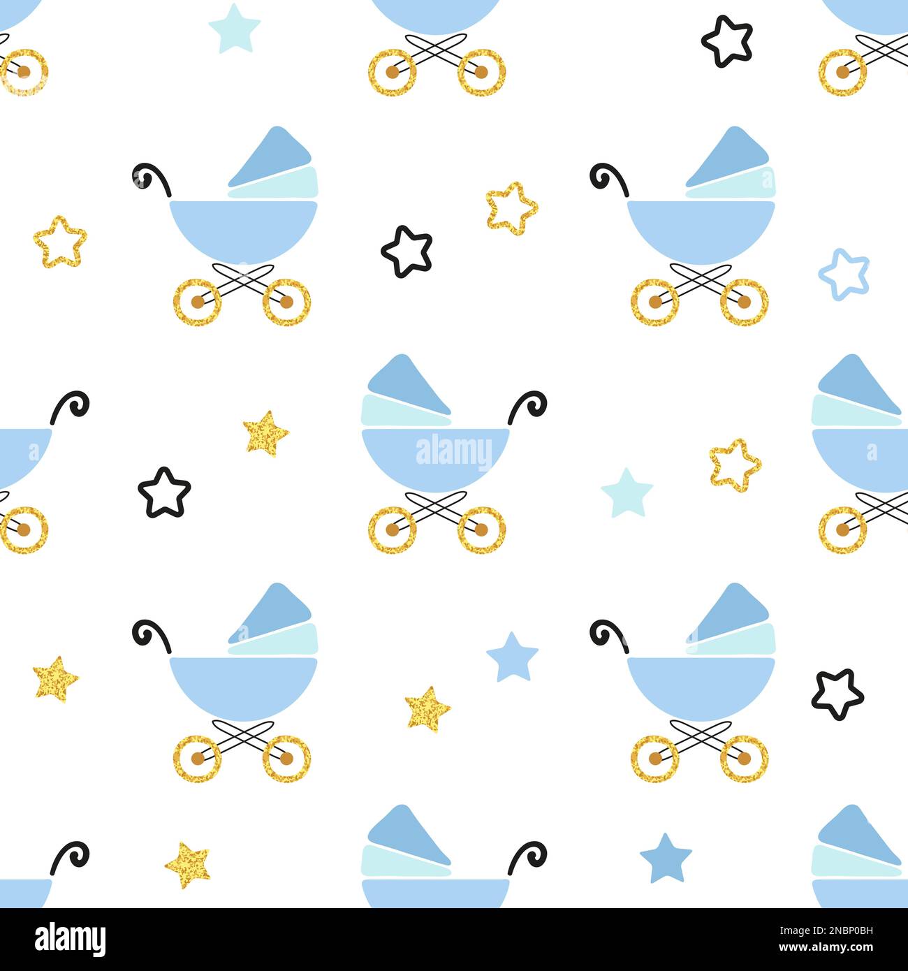 Baby shower seamless pattern. Vector background with blue carriages and ...