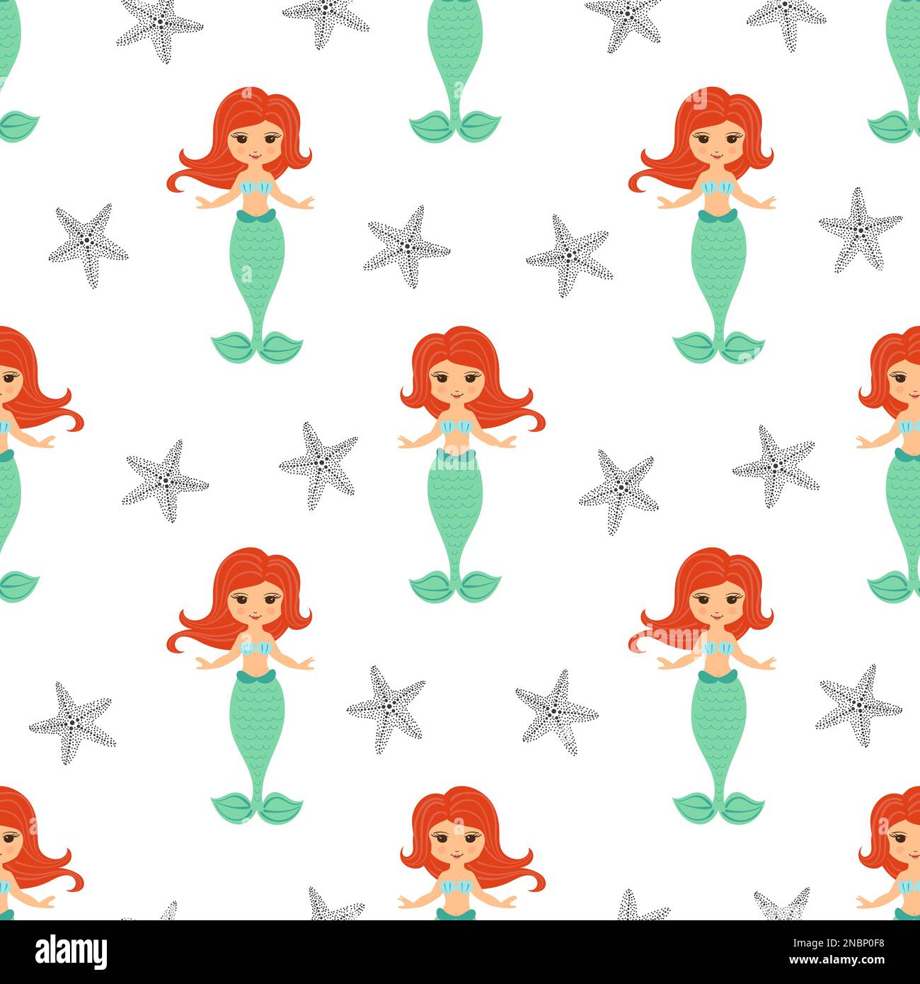 Seamless cute little mermaids pattern. Vector cartoon illustration ...