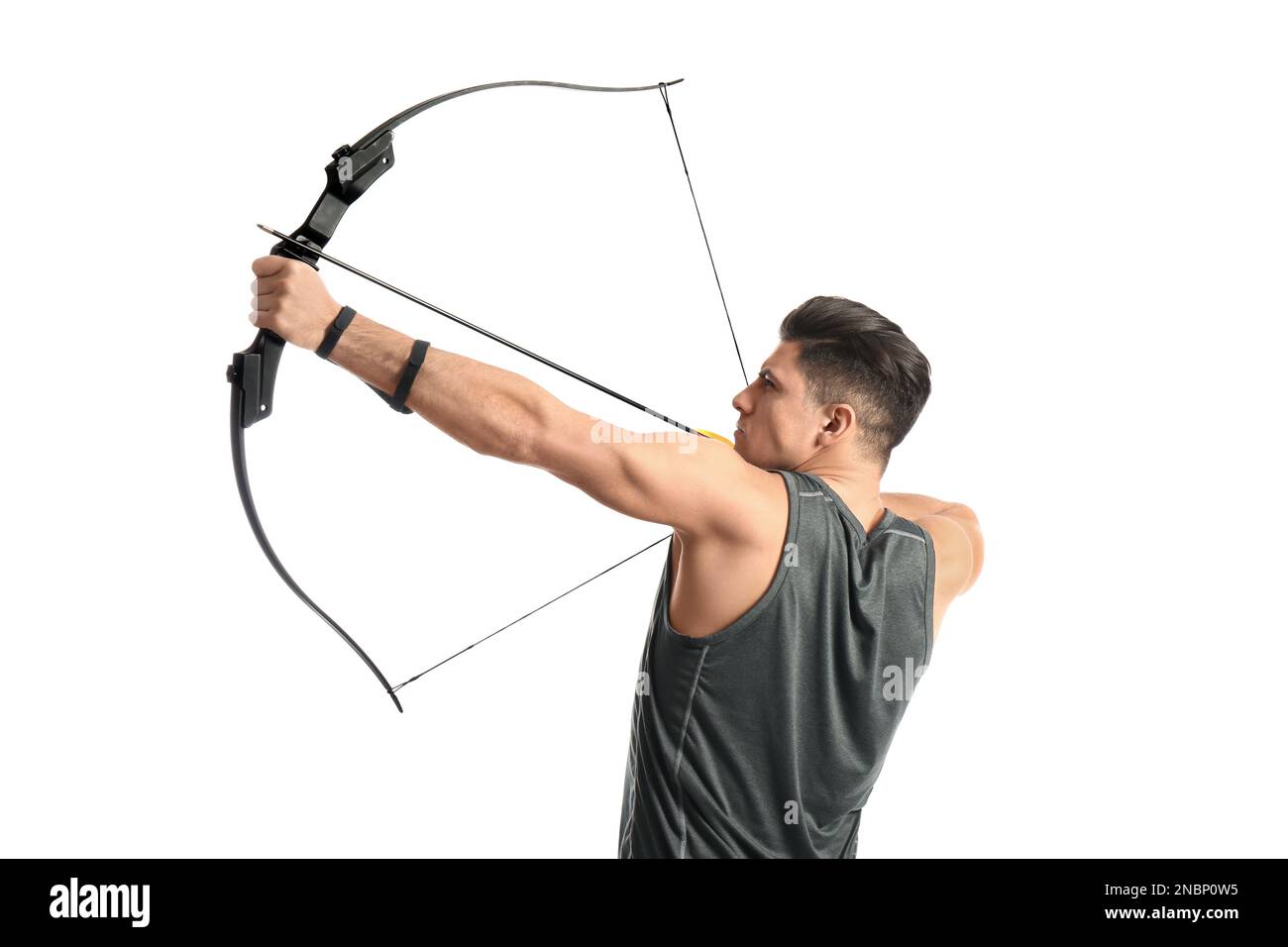 Man with bow and arrow practicing archery on white background Stock ...