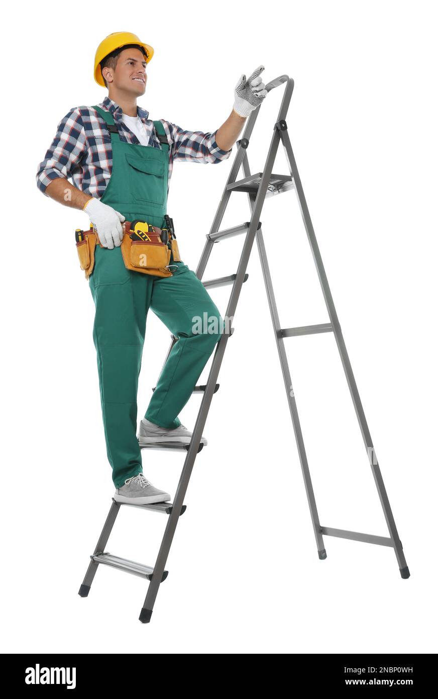 Professional builder climbing up metal ladder on white background Stock ...