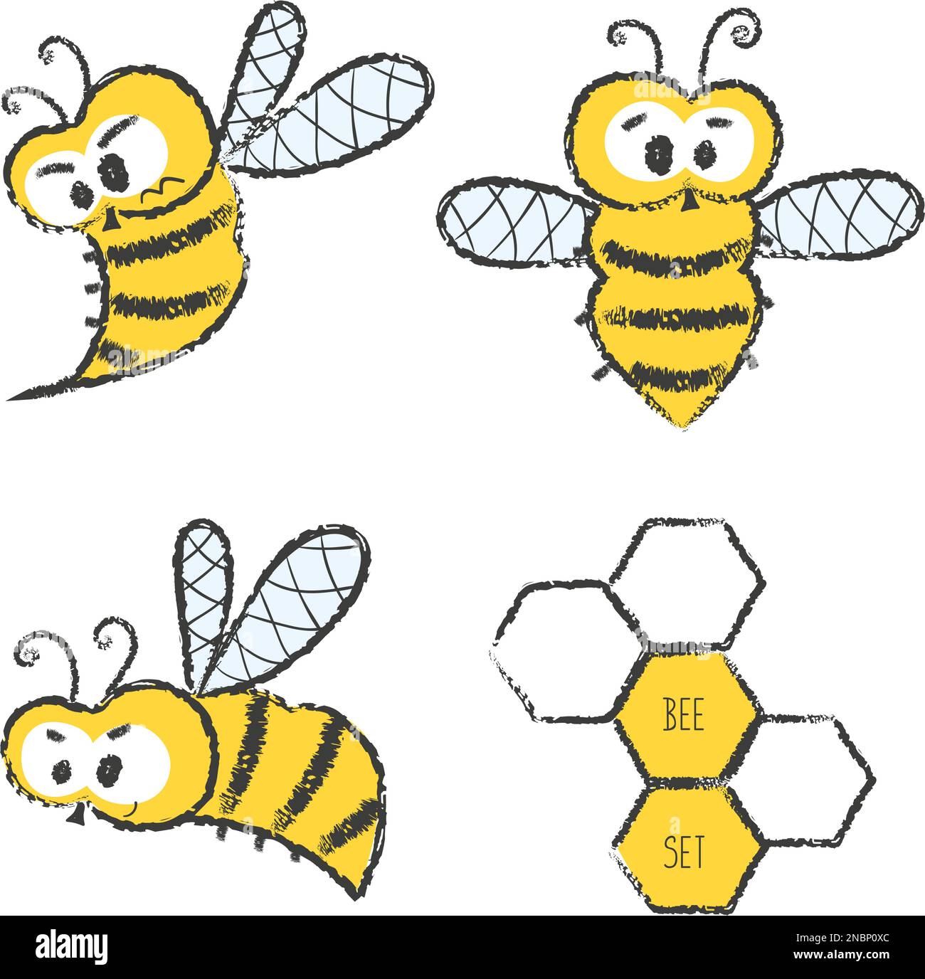 Cute bee vector set. Doodle illustration of bees and honeycombs Stock ...