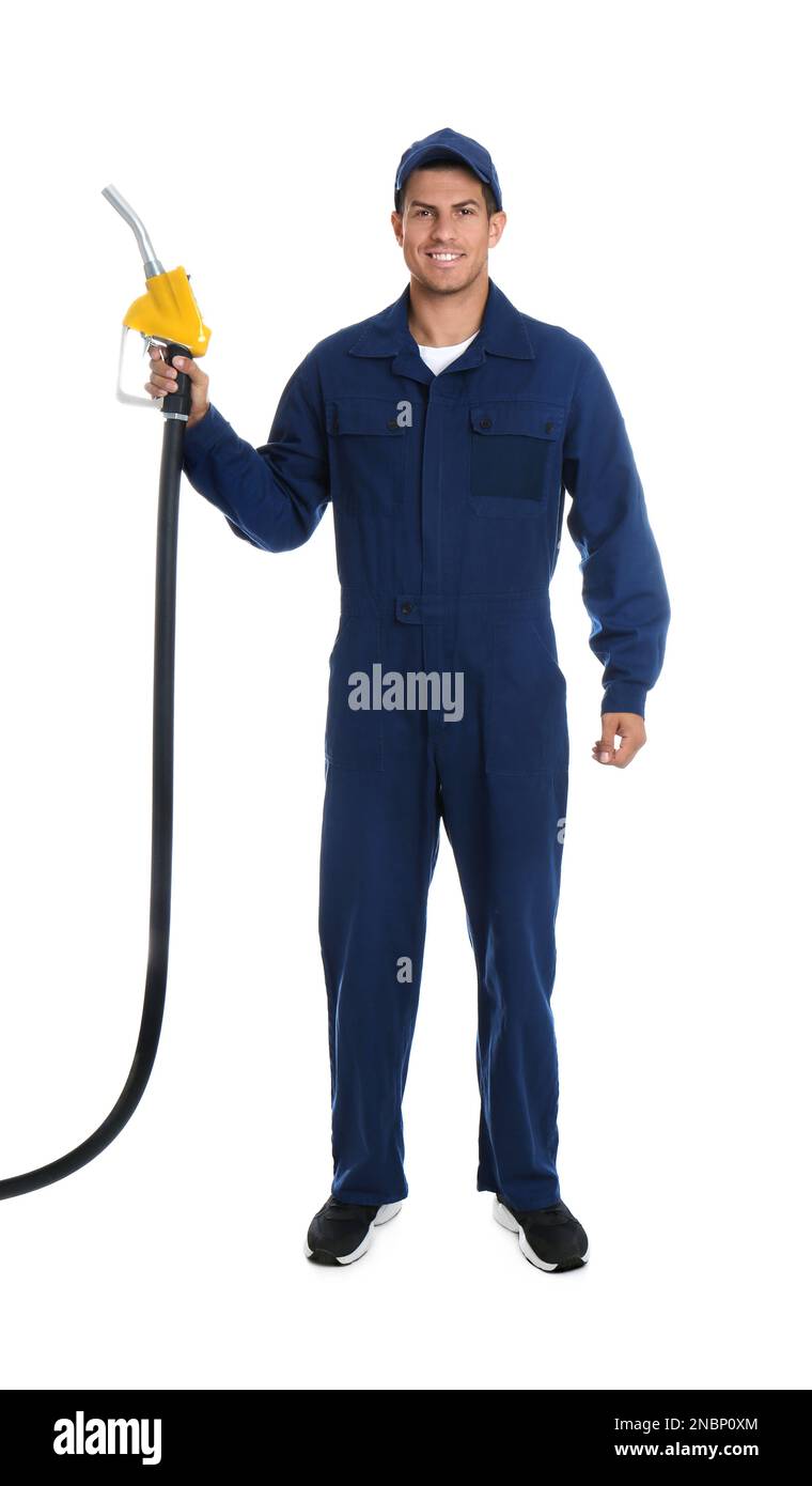 Gas station worker with fuel nozzle on white background Stock Photo - Alamy