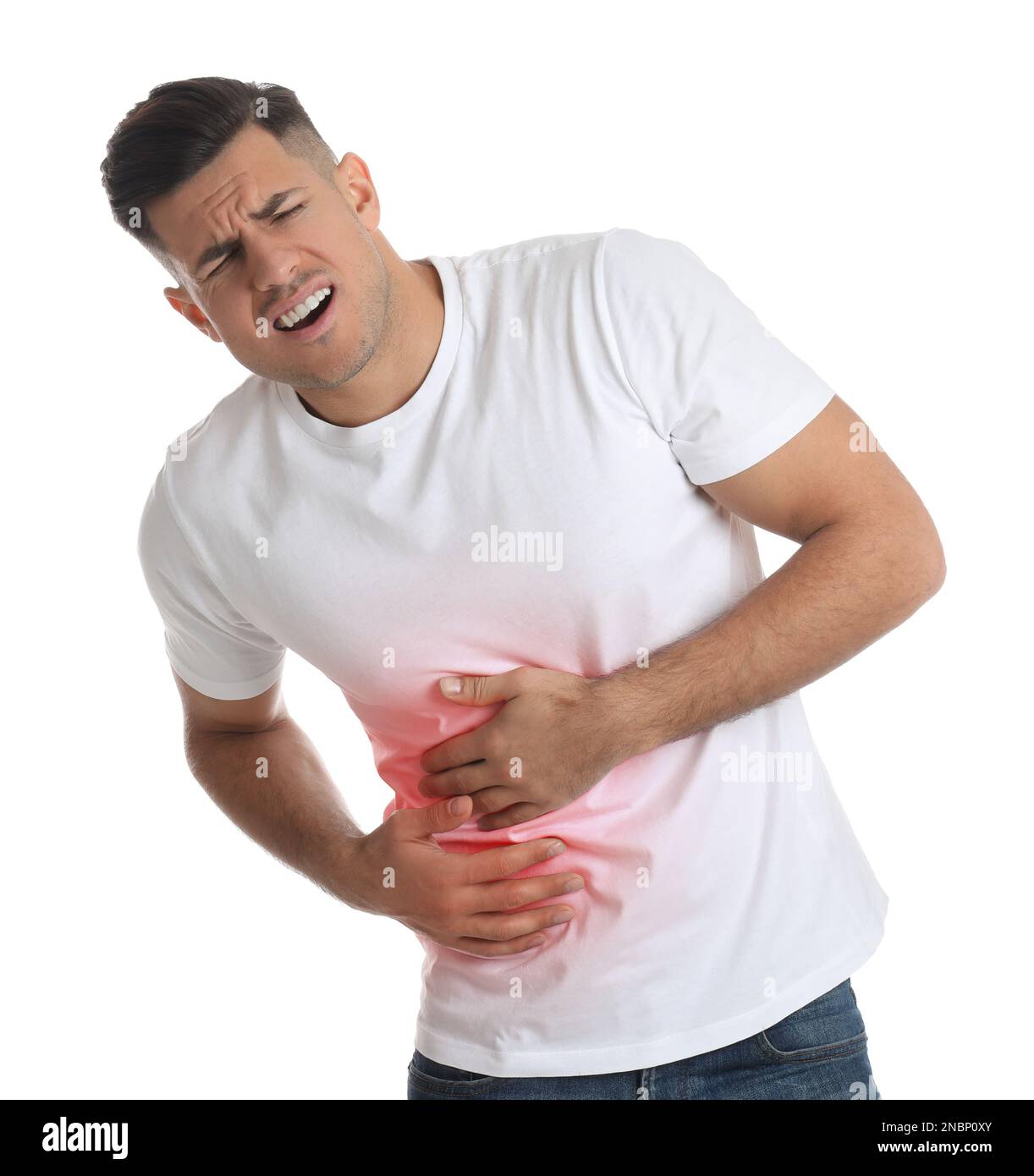 Man suffering from liver pain on white background Stock Photo - Alamy