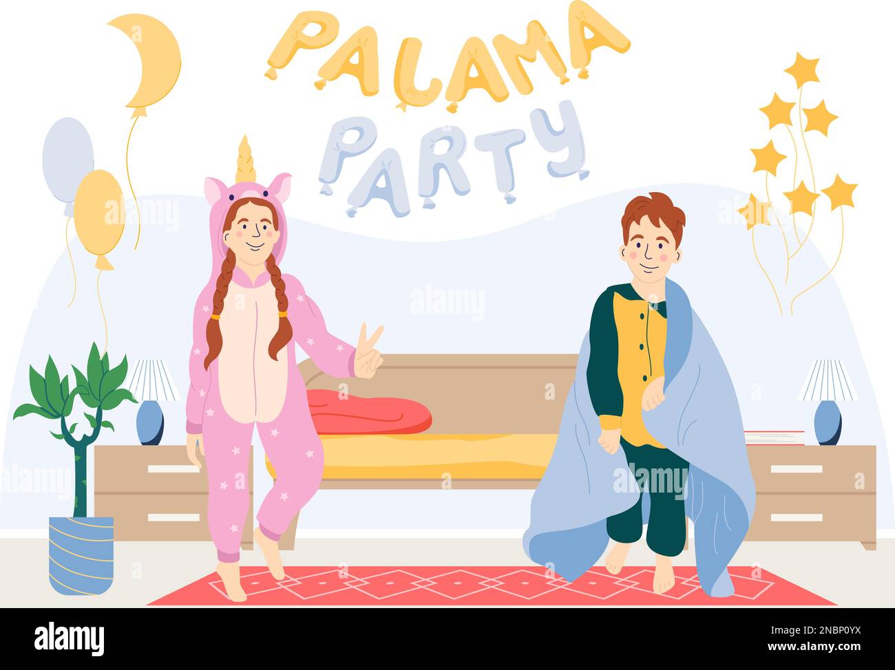 Pyjama party flat concept with happy kids in nightwear and blankets ...