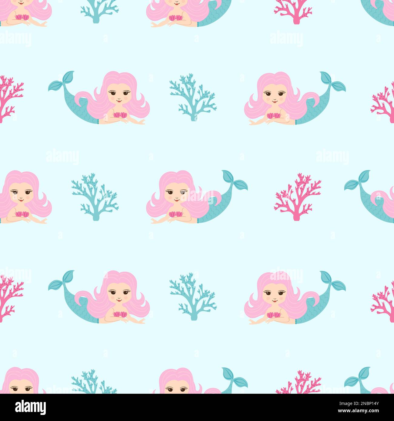Seamless cute little mermaids pattern in pink and blue. Vector cartoon ...