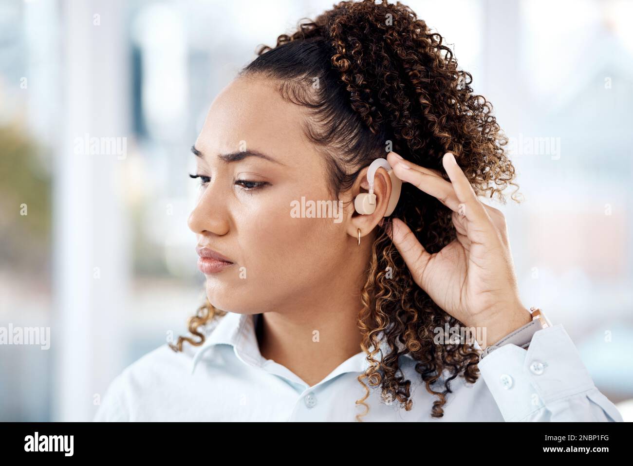 Hearing aid, black woman and deaf ear and technology device to listen ...