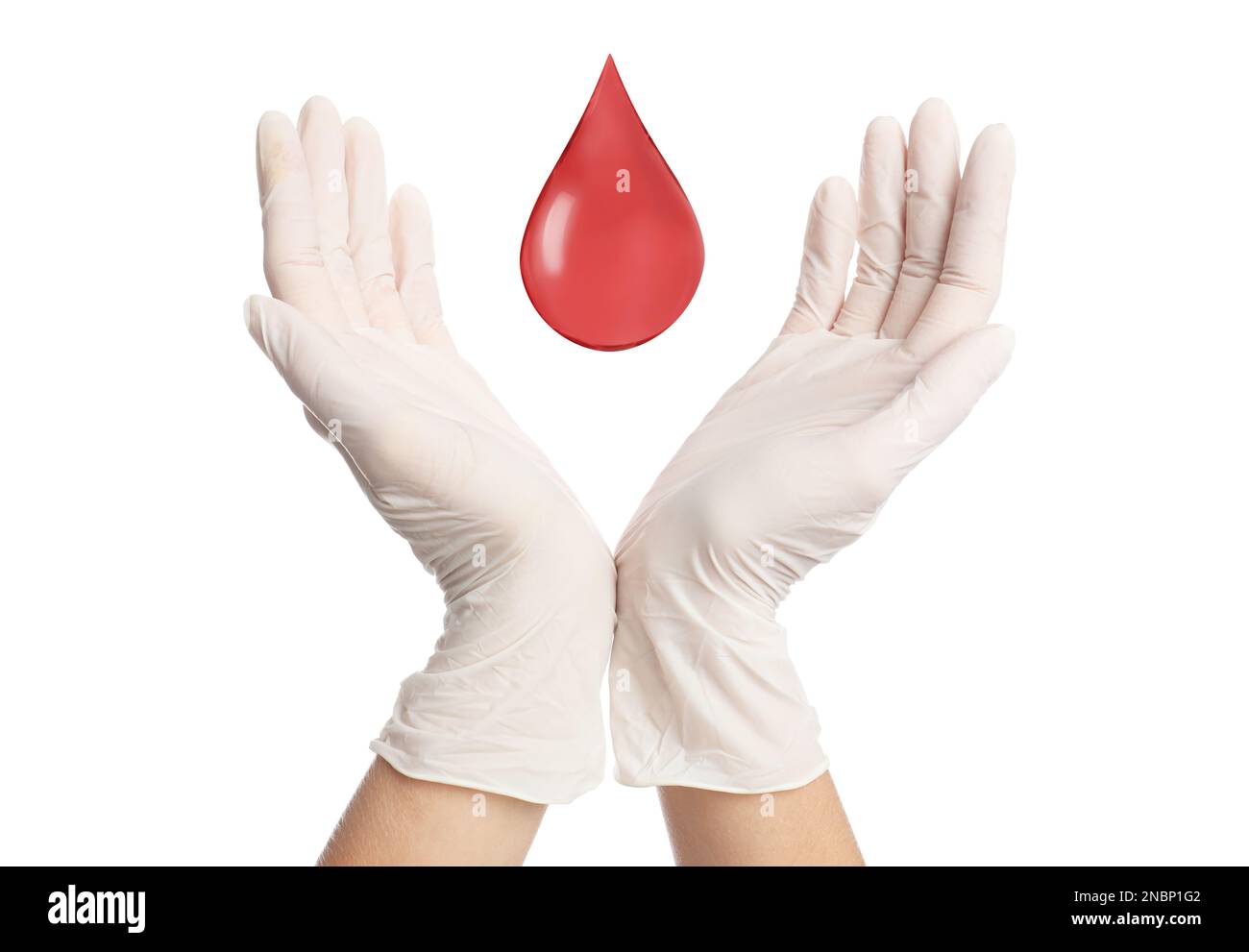 Doctor and drop of blood on white background, closeup. Anemia concept ...