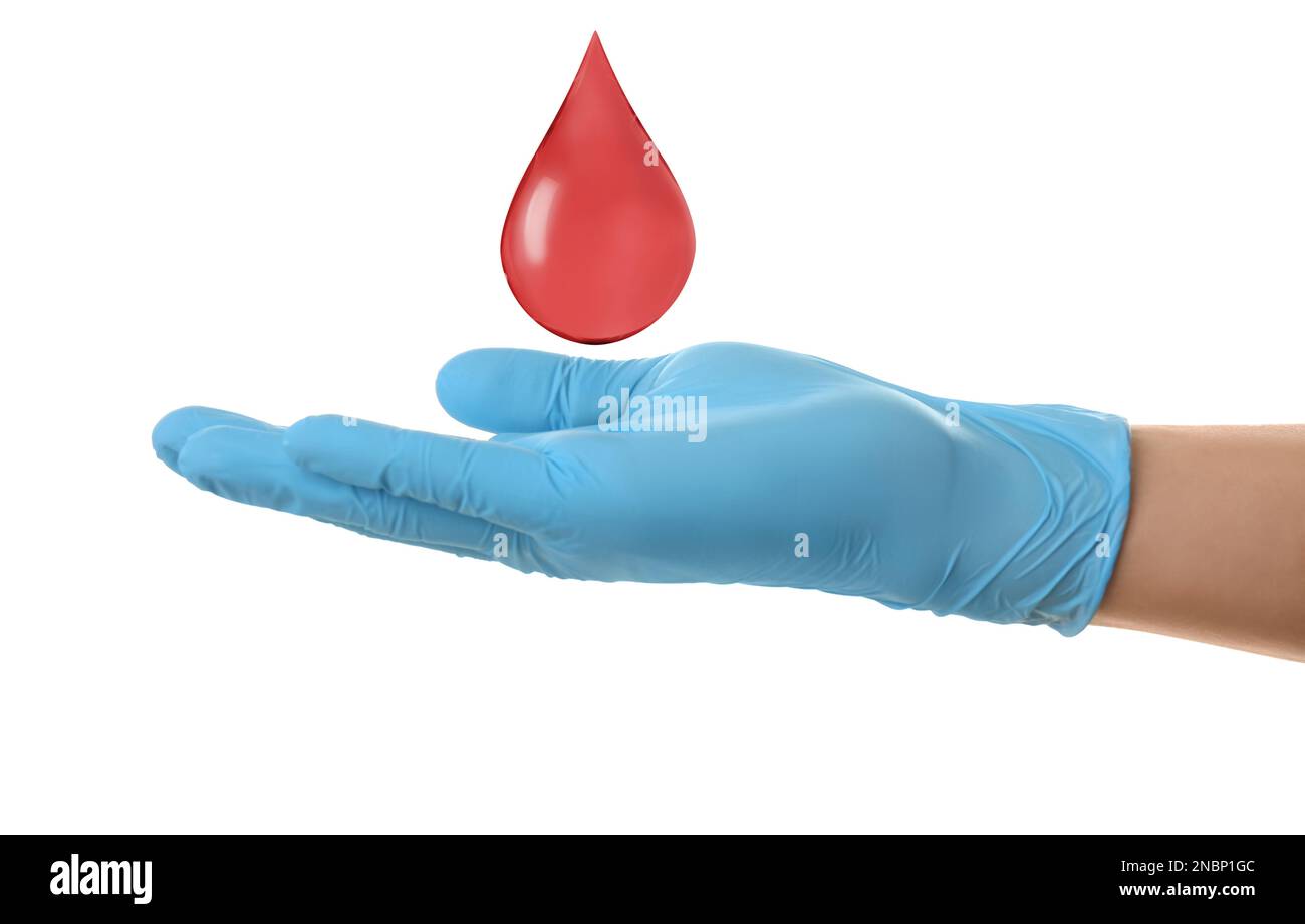 Doctor and drop of blood on white background, closeup. Anemia concept ...