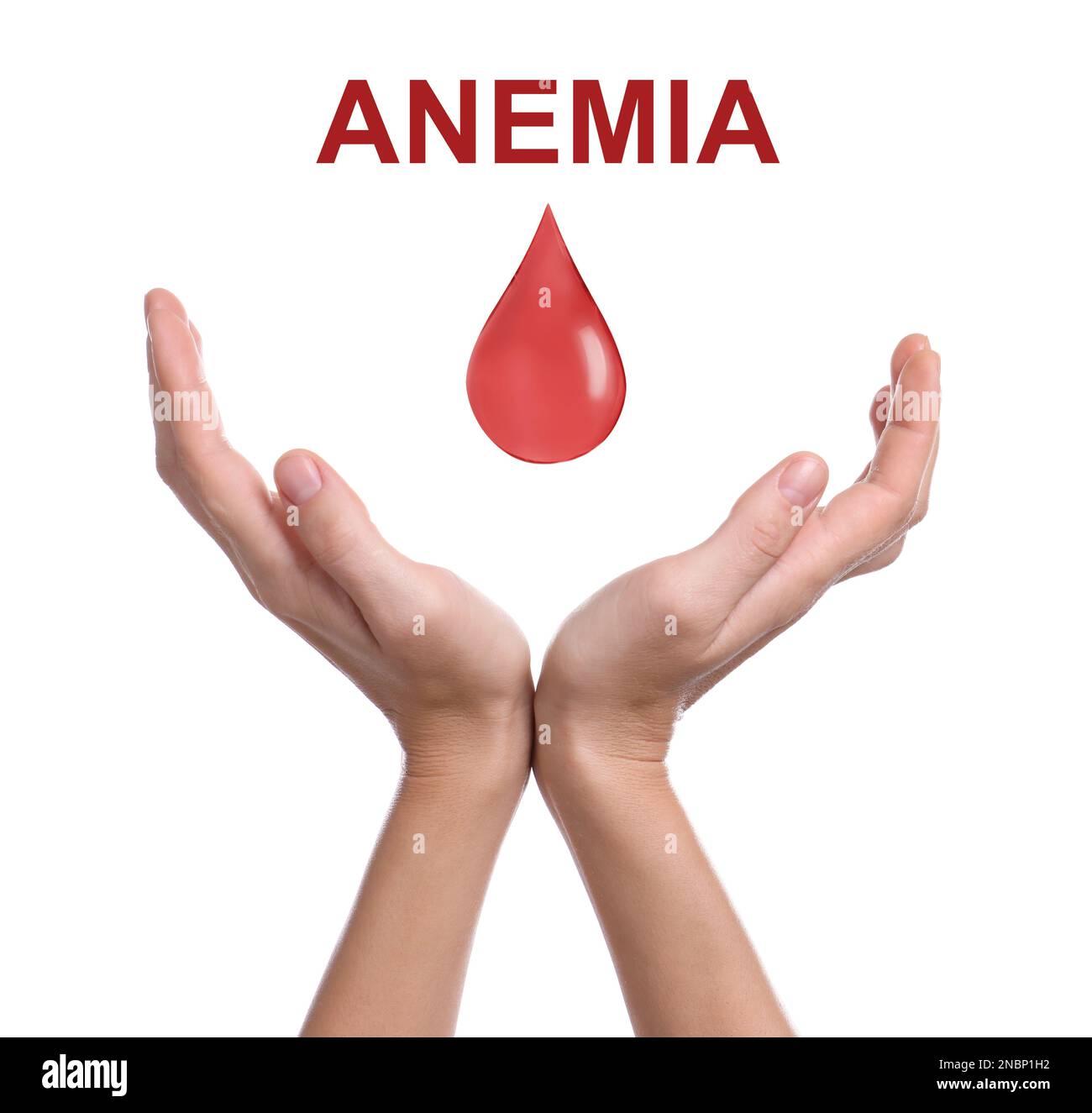 Woman and drop of blood on white background, closeup. Anemia concept ...