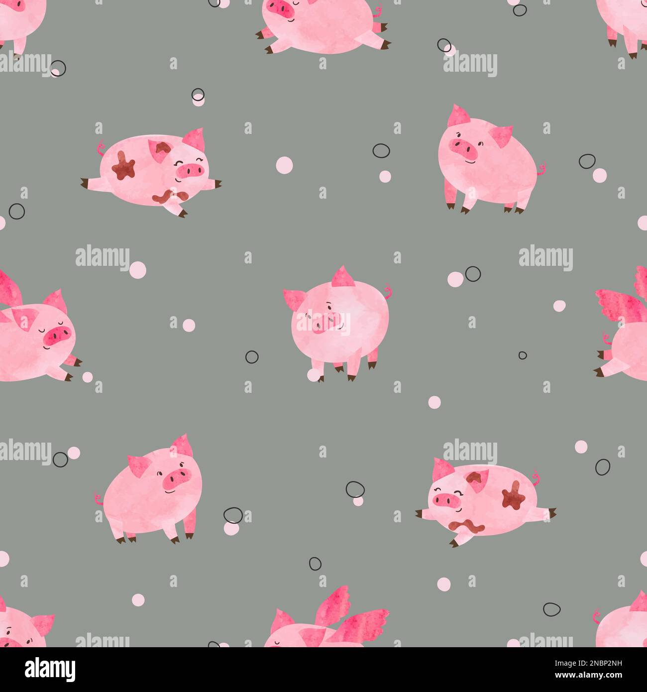 Seamless cute pigs pattern. Vector watercolor cartoon piggy background ...