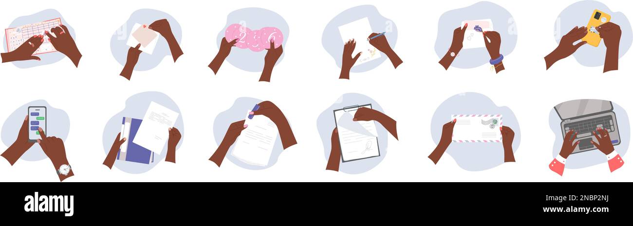 Flat icons set with human hands holding paper objects and gadgets ...