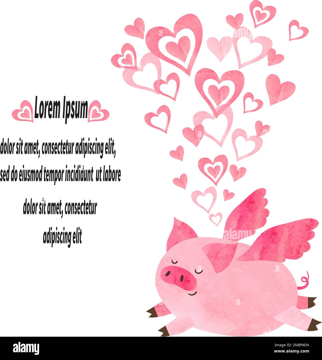Cute watercolor pig in love. Vector illustration of flying piggy ...