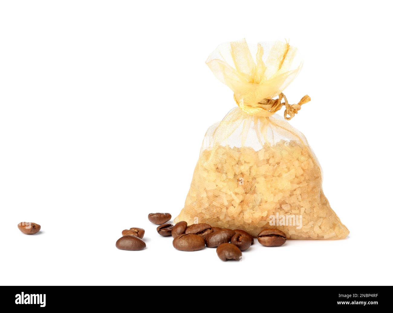 Scented sachet with aroma beads and coffee beans on white background ...