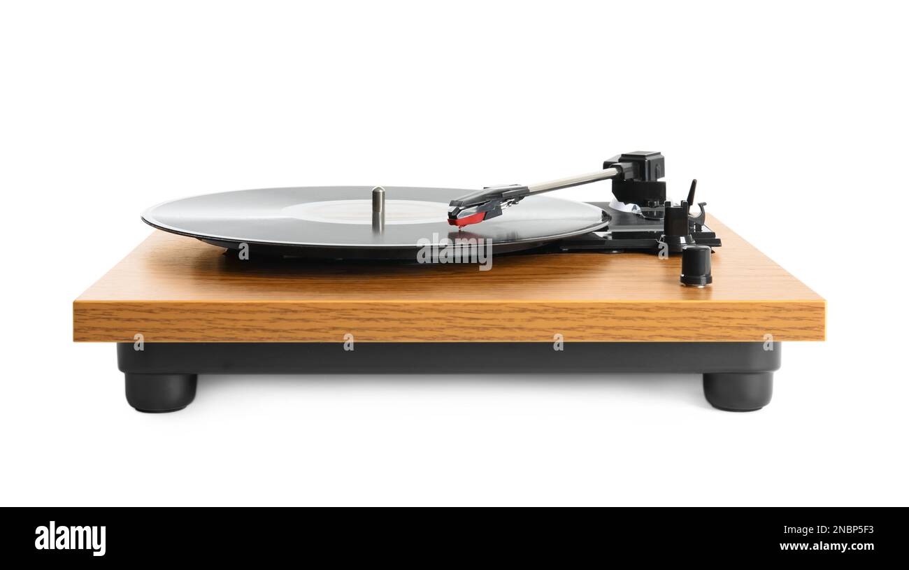 Modern vinyl record player with disc isolated on white Stock Photo - Alamy