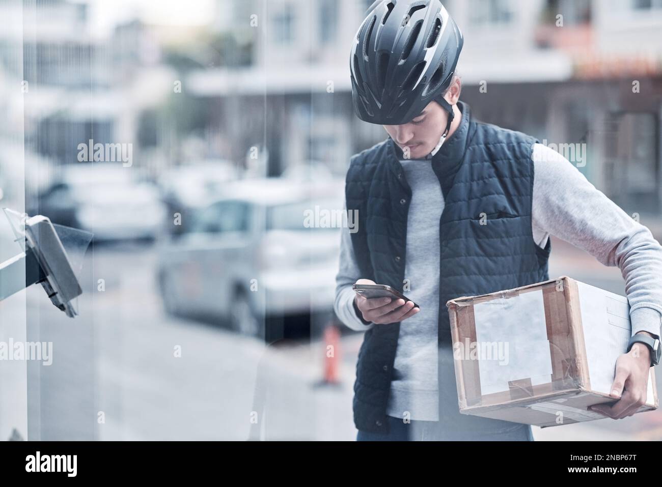 Smartphone, courier box or delivery man waiting with retail sales ...