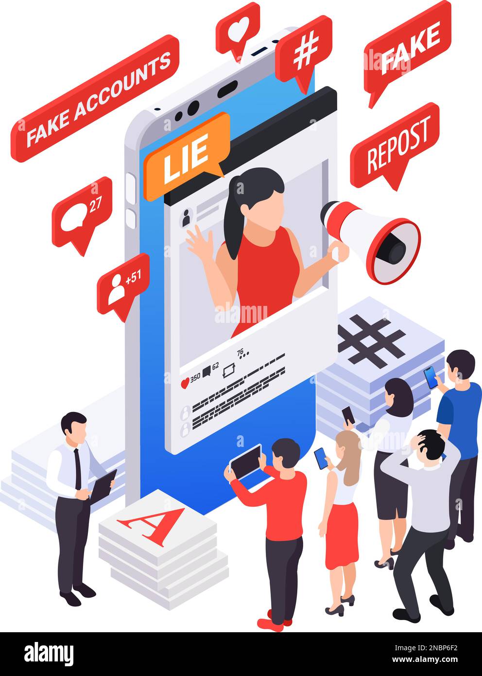 Fake news disinformation propaganda isometric composition with human ...