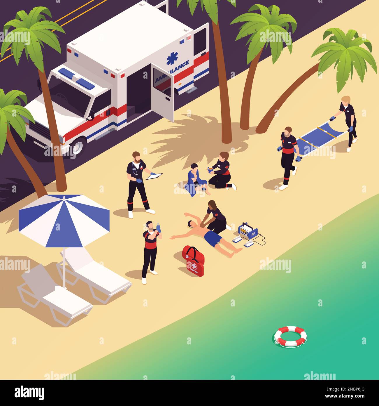 First aid isometric background with paramedics providing primary health ...