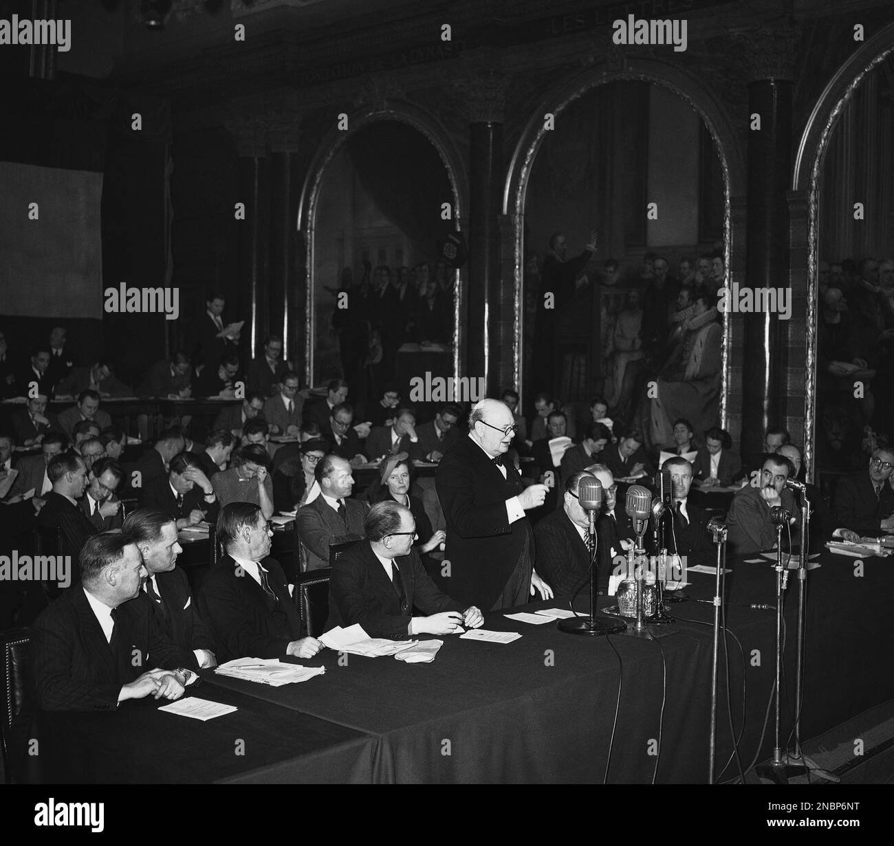 Winston Churchill addressing the first session of the conference of the European Movement at the ...
