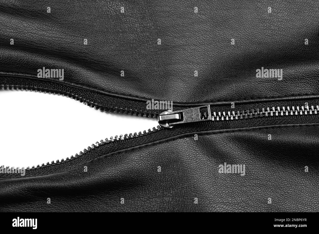 Black leather jacket with zipper on white background, top view Stock ...