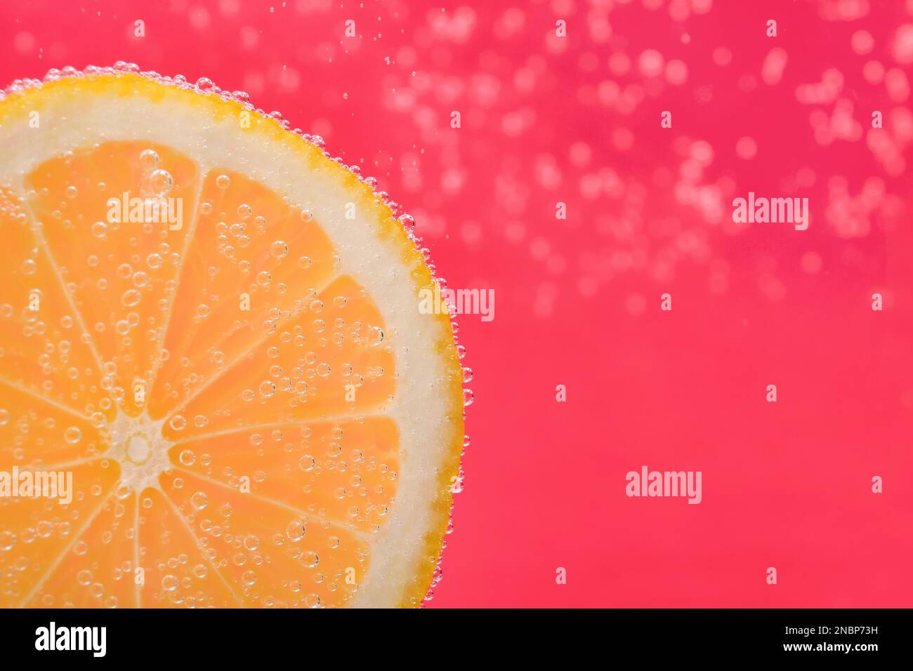 Slice of lemon in sparkling water on pink background, closeup with ...