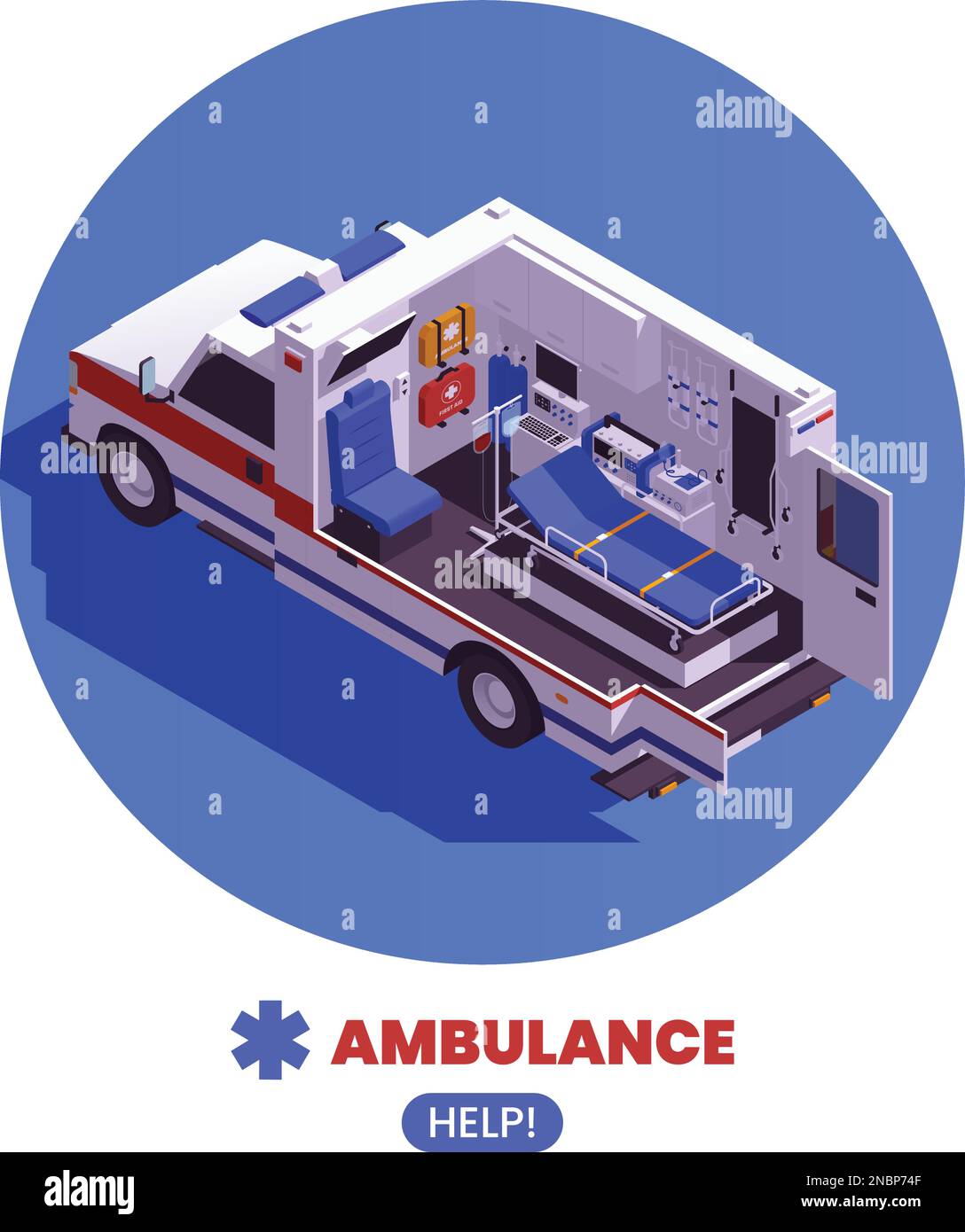 Ambulance help round background illustrated modern first aid vehicle in ...