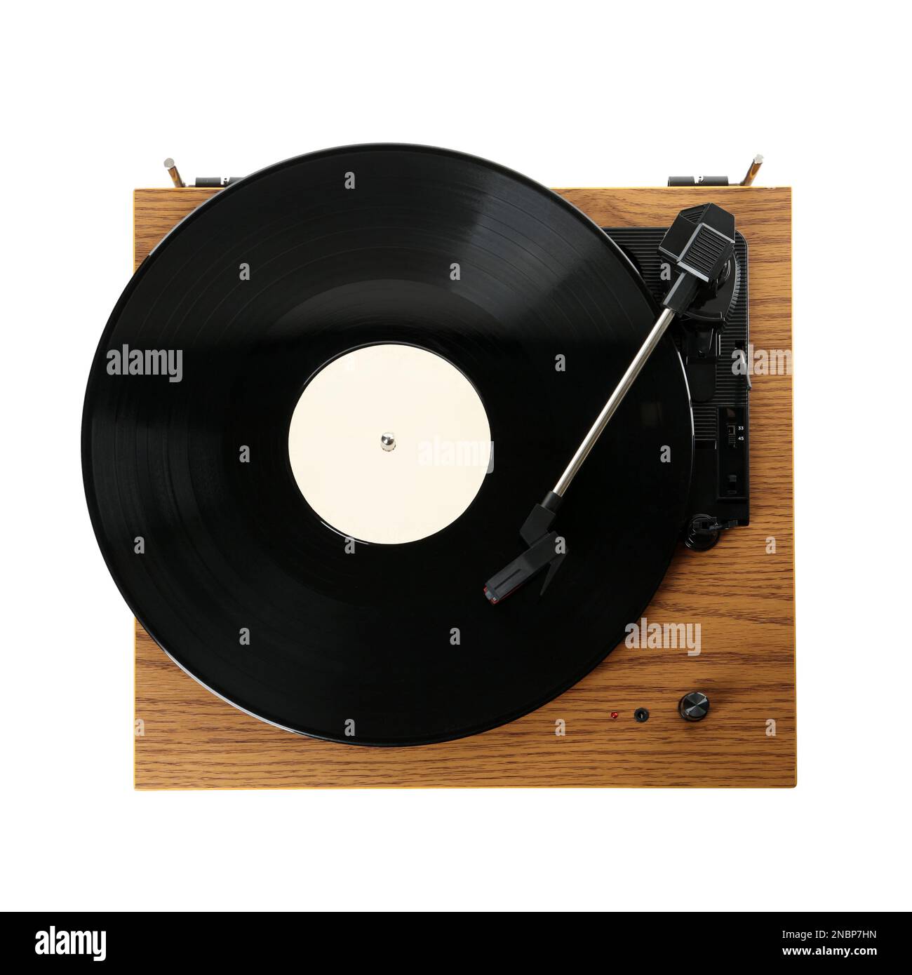 Modern turntable with vinyl record isolated on white, top view Stock ...