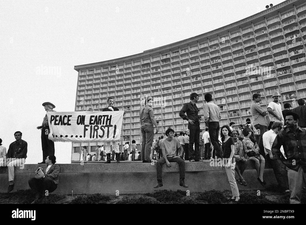 Anti-war pickets march outside the Century Plaza Hotel in Los Angeles ...