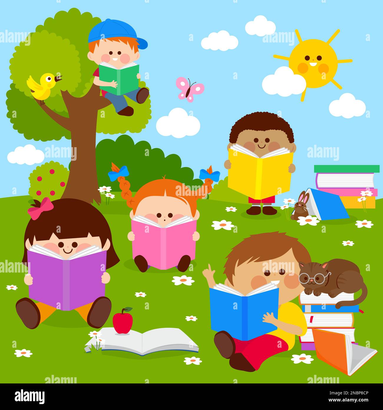 Happy children reading books in nature. Vector illustration Stock ...