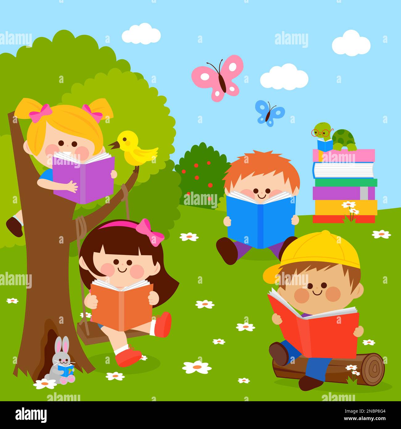 Children reading books at the park, in nature. Vector illustration ...