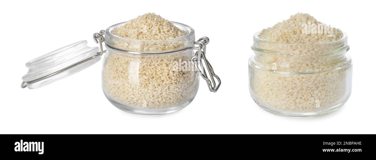 Sesame seeds in glass jars on white background. Banner design Stock ...
