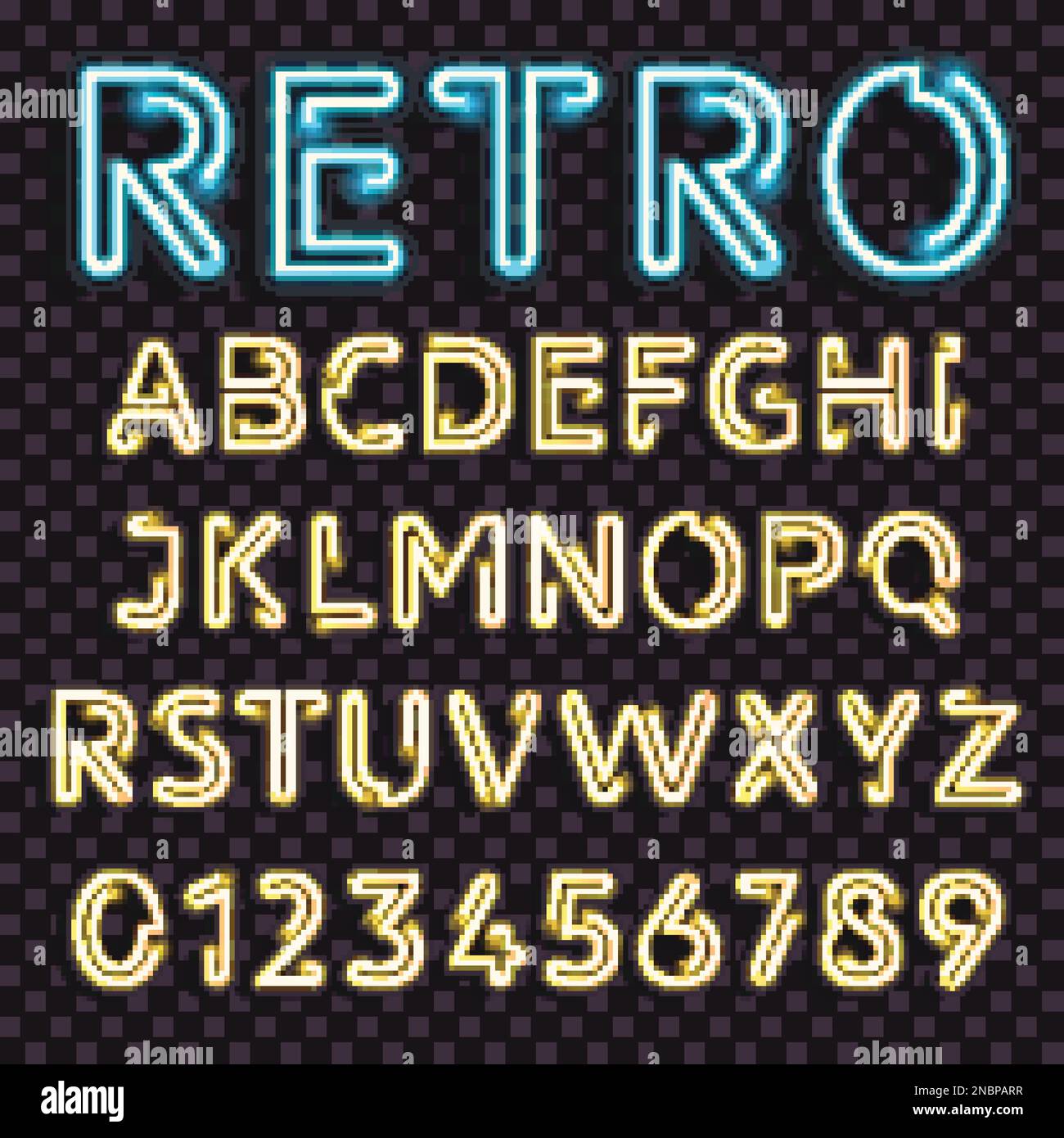 Retro light latin alphabet realistic set of neon letters and numbers on ...