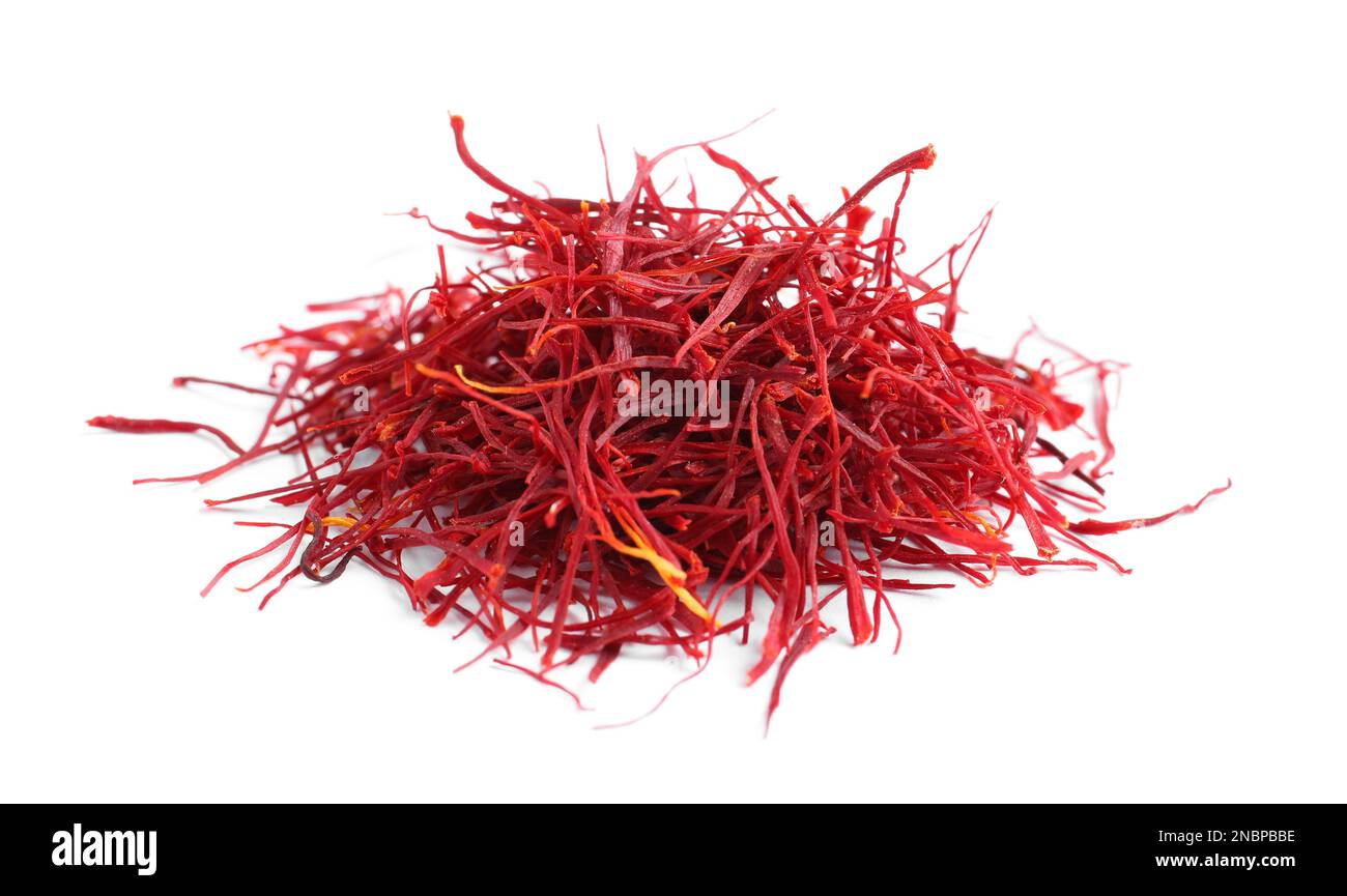 Heap of aromatic saffron on white background Stock Photo - Alamy