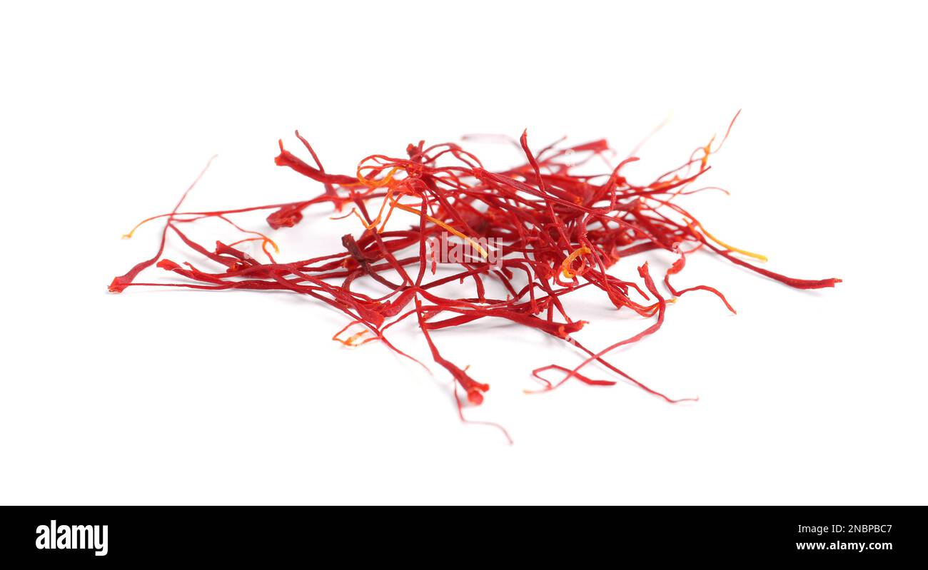 Heap of aromatic saffron on white background Stock Photo - Alamy