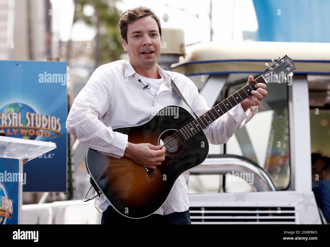 Comedian Jimmy Fallon performs "Tram-tastic" at Universal Studios ...