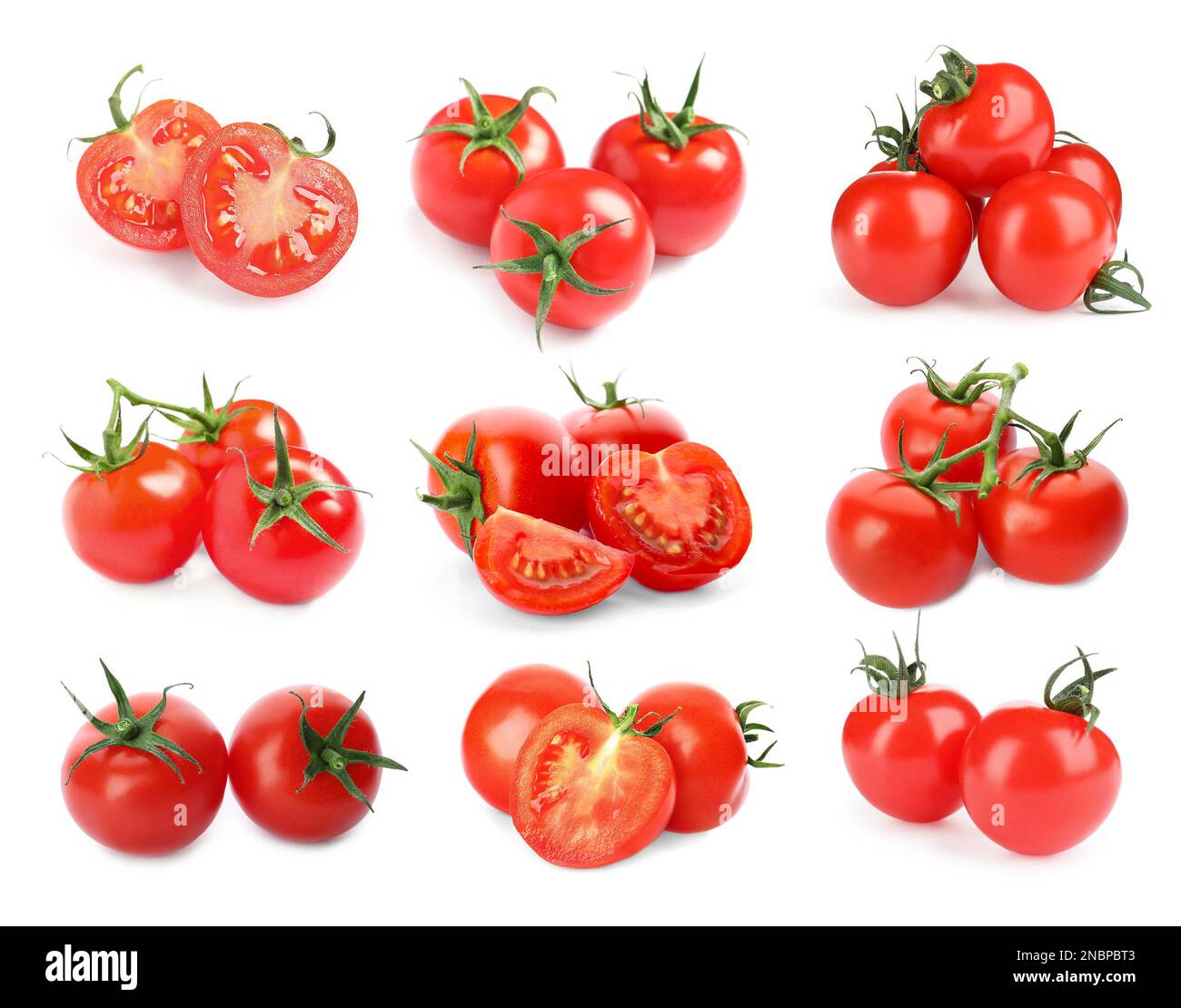 Set with fresh organic cherry tomatoes on white background Stock Photo - Alamy