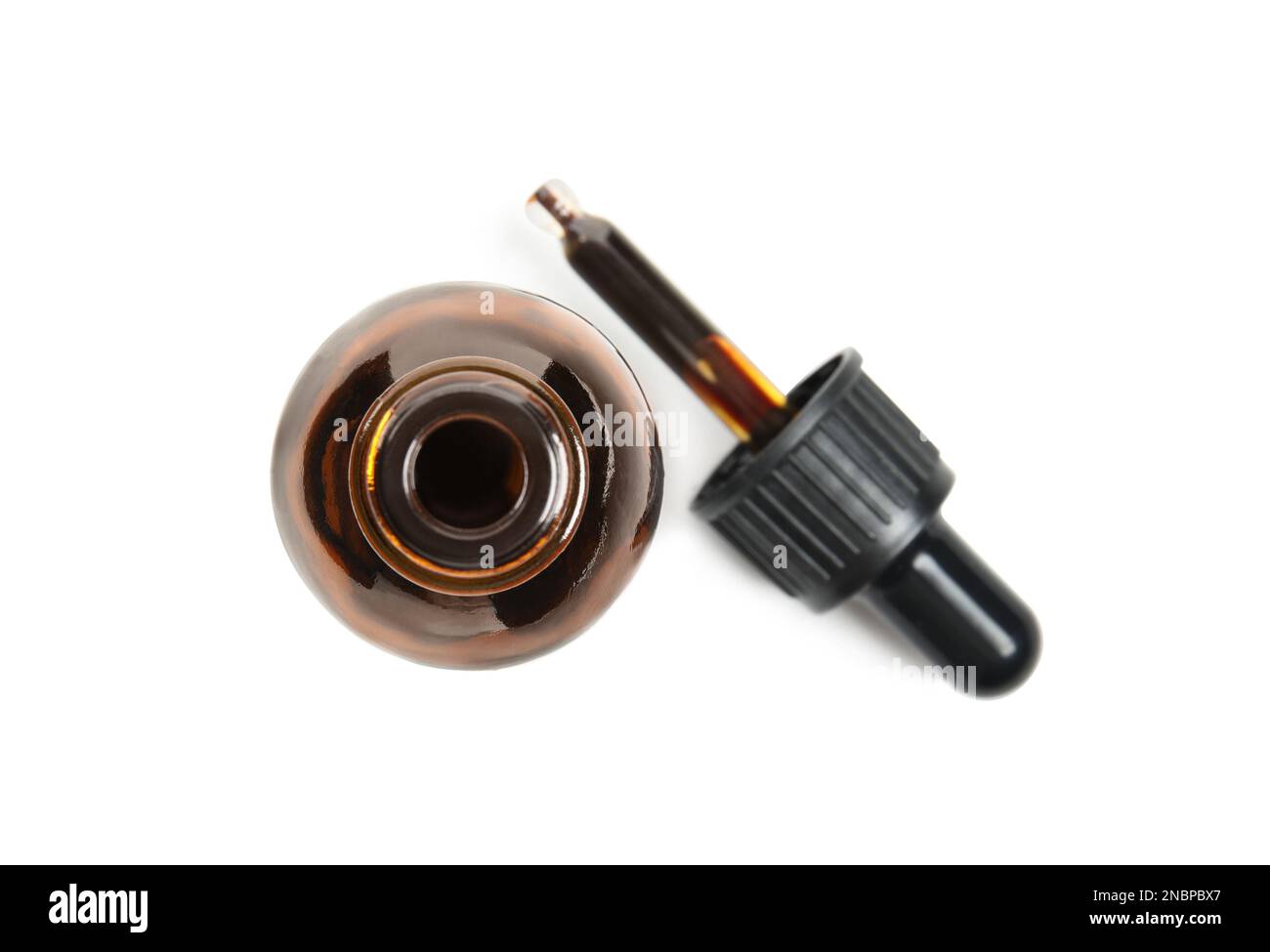Bottle of medical iodine and dropper on white background, top view ...