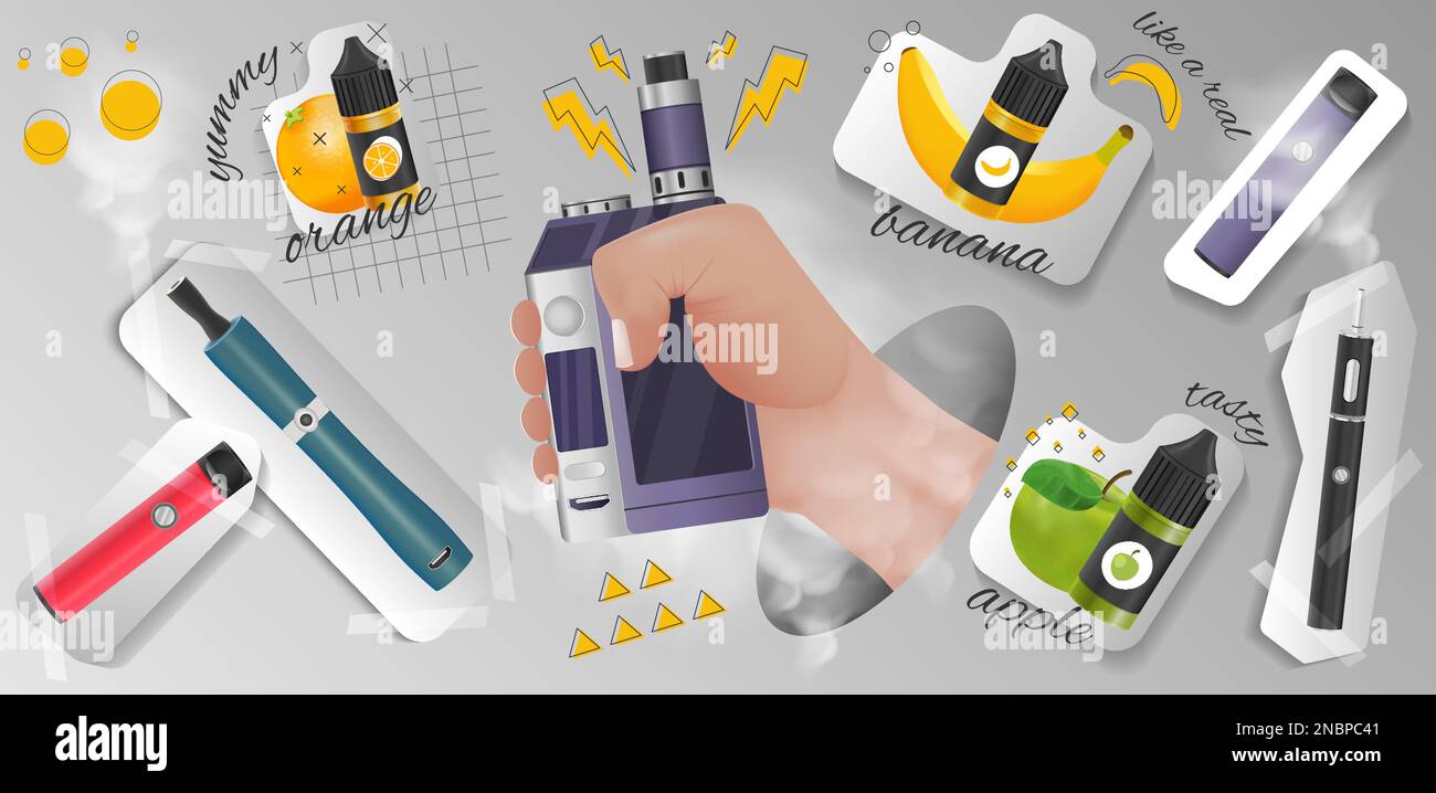 Vape realistic collage with tasty electronic cigarettes symbols vector ...
