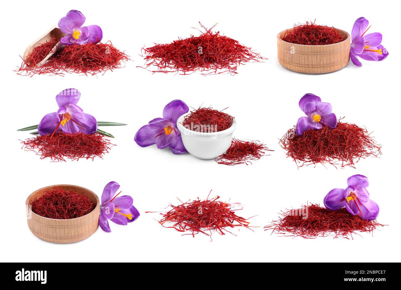 Set with dried saffron and crocus flowers on white background Stock ...