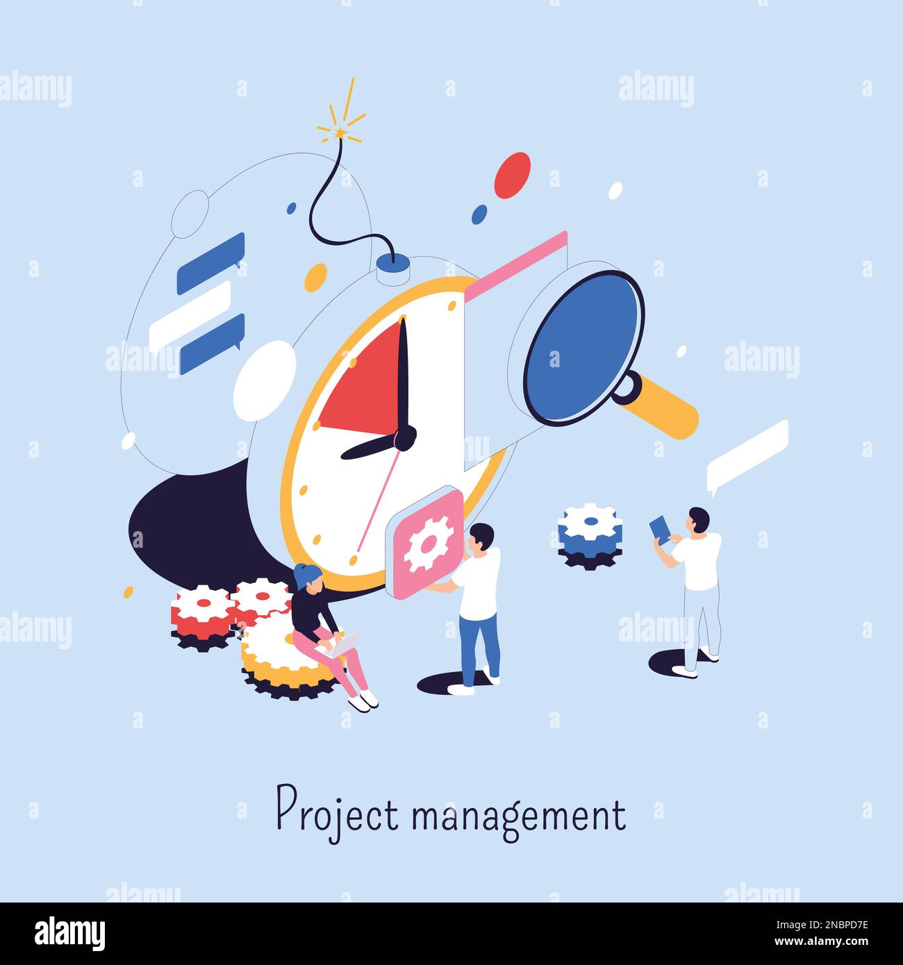 Project management abstract concept consisting of magnifier clock gears ...