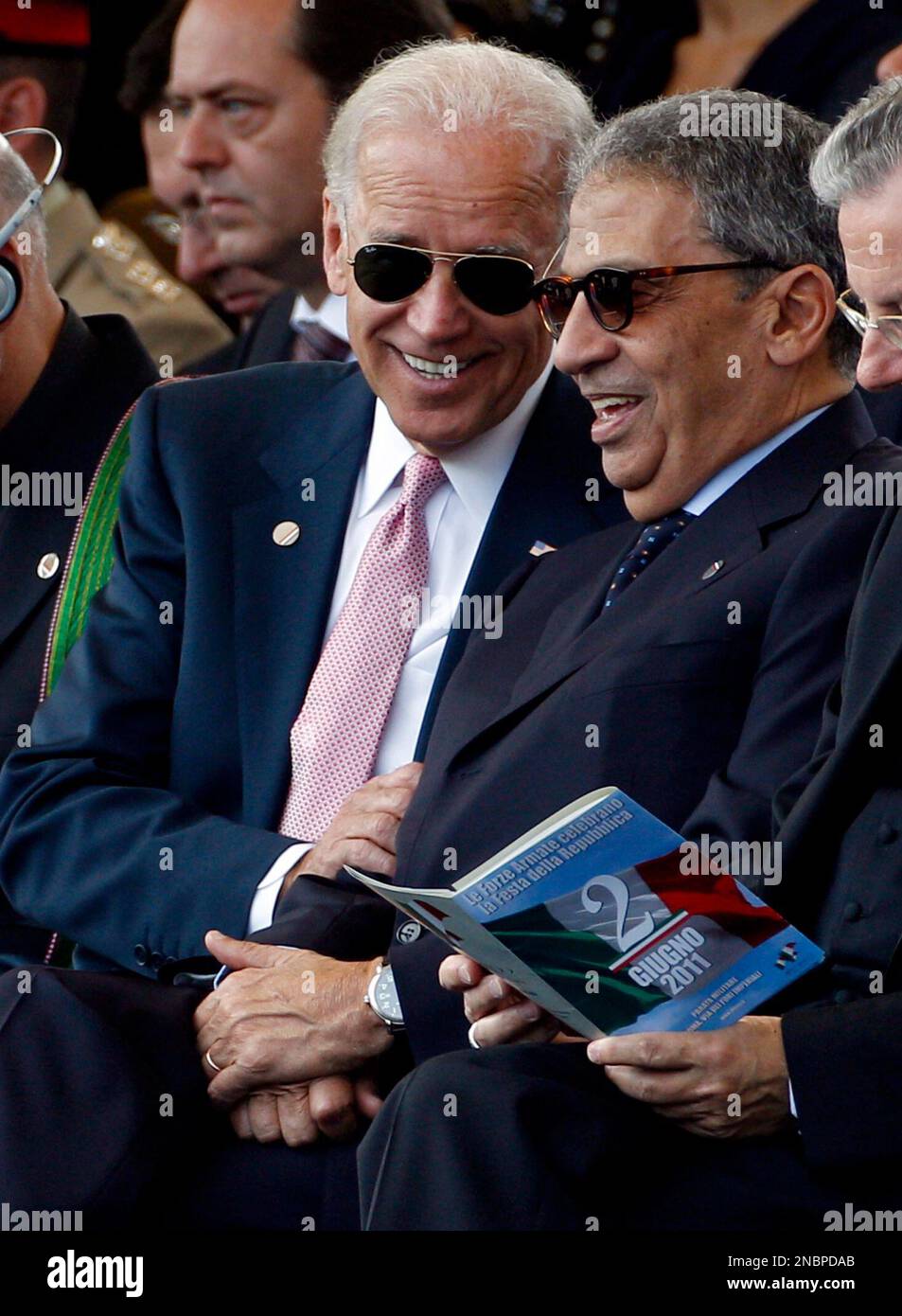 U.S. Vice President Joe Biden, left, talks to Arab League chief Amr ...