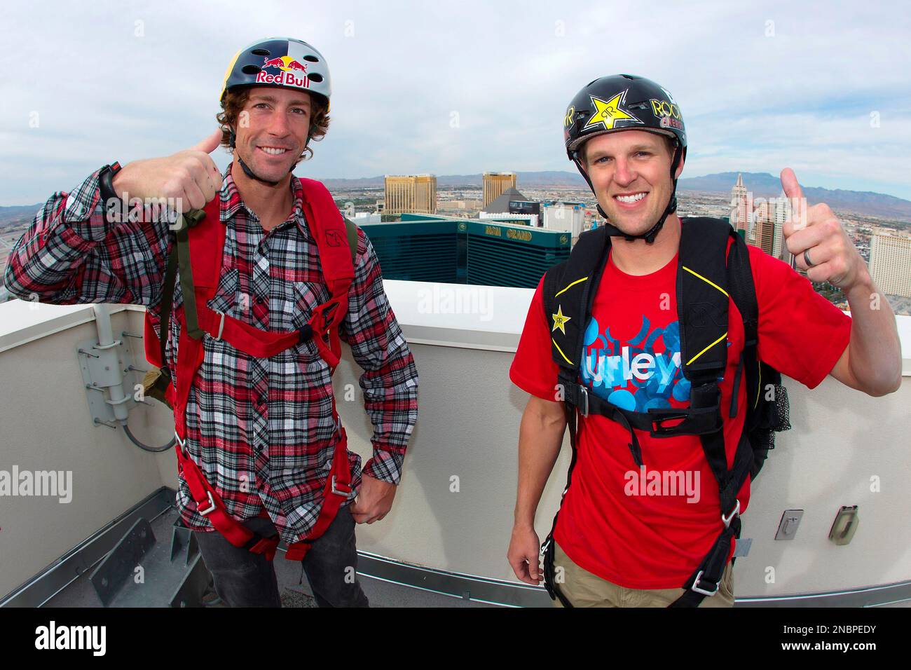From left, Travis Pastrana and Erik Roner overlook the Las Vegas strip ...