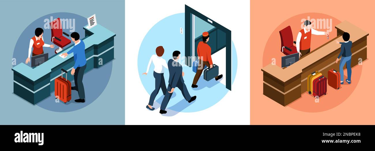 Isometric hotel lobby compositions with guests arrival and check in ...