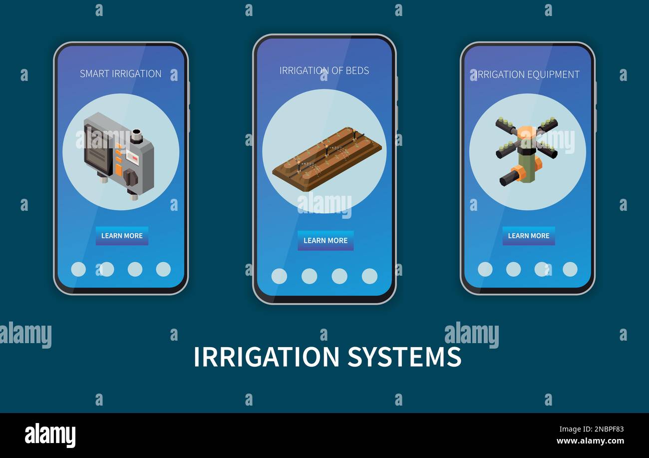 Smart irrigation systems isometric mobile app set with information ...