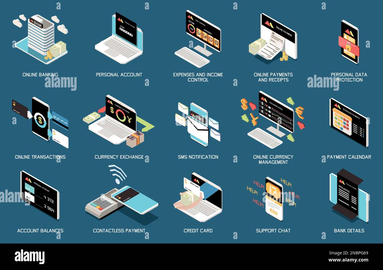 Online mobile banking services isometric set of sms notification ...