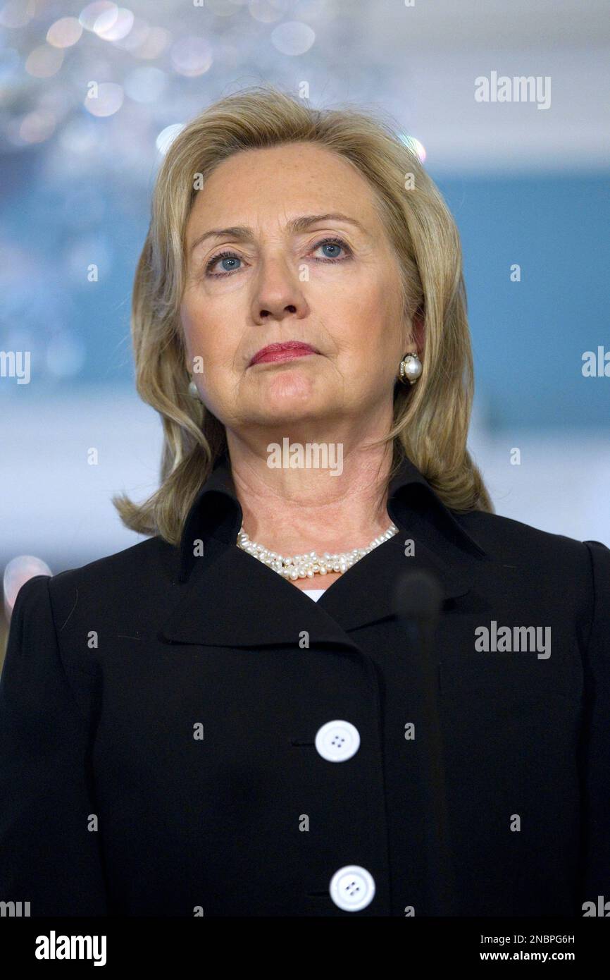 Secretary of State Hillary Rodham Clinton pauses during remarks after a ...