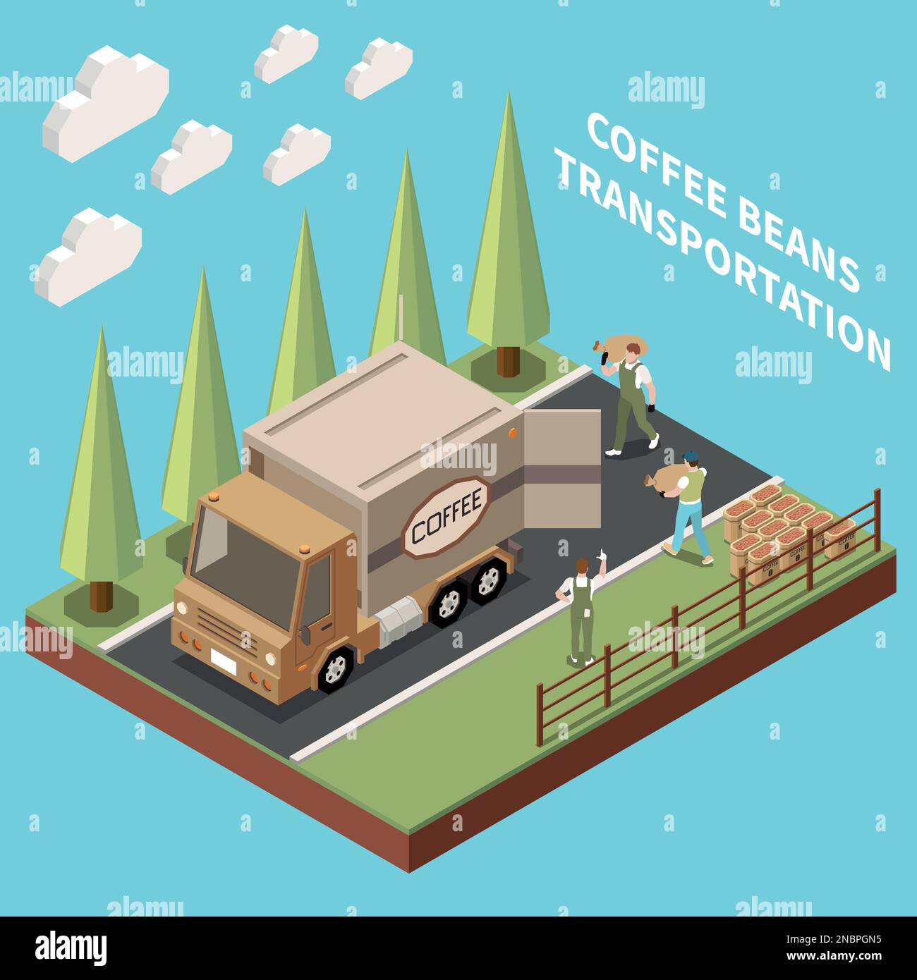 Coffee production industry isometric background with workers preparing ...